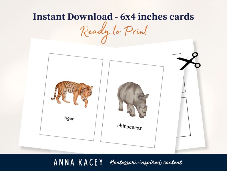 30 Safari Animals Flash Cards, Montessori Materials, Zoo Animals Flash ...
