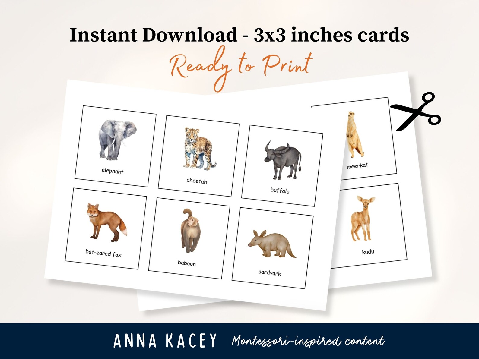 30 Safari Animals Flash Cards, Montessori Materials, Zoo Animals Flash ...