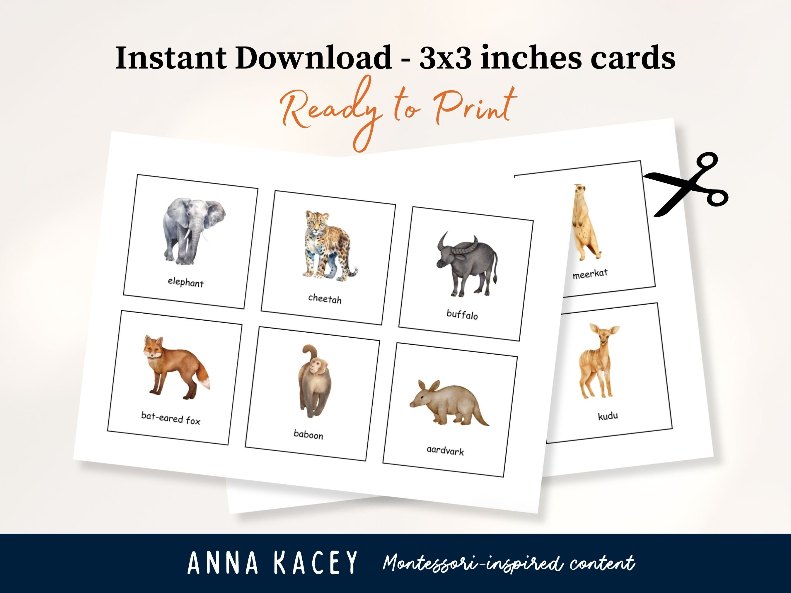 30 Safari Animals Flash Cards, Montessori Materials, Zoo Animals Flash ...