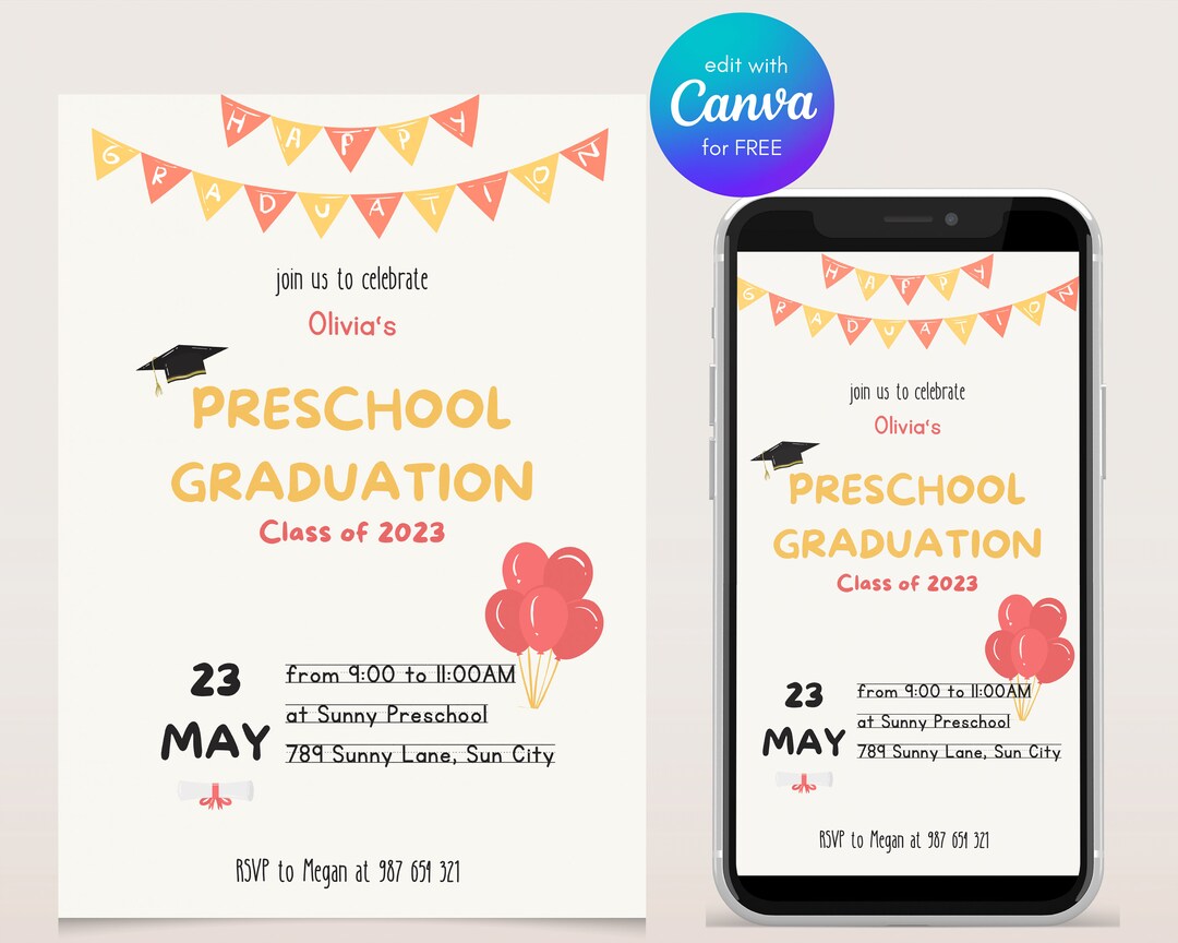 Preschool Graduation Invitation Canva L Kindergarten Graduation ...