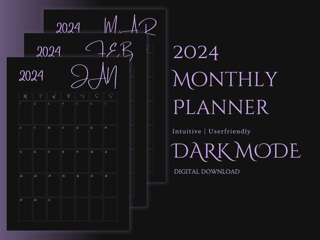 2024 Simple Monthly Planner Dark Mode, Digital and Printable, Pdf Files ...