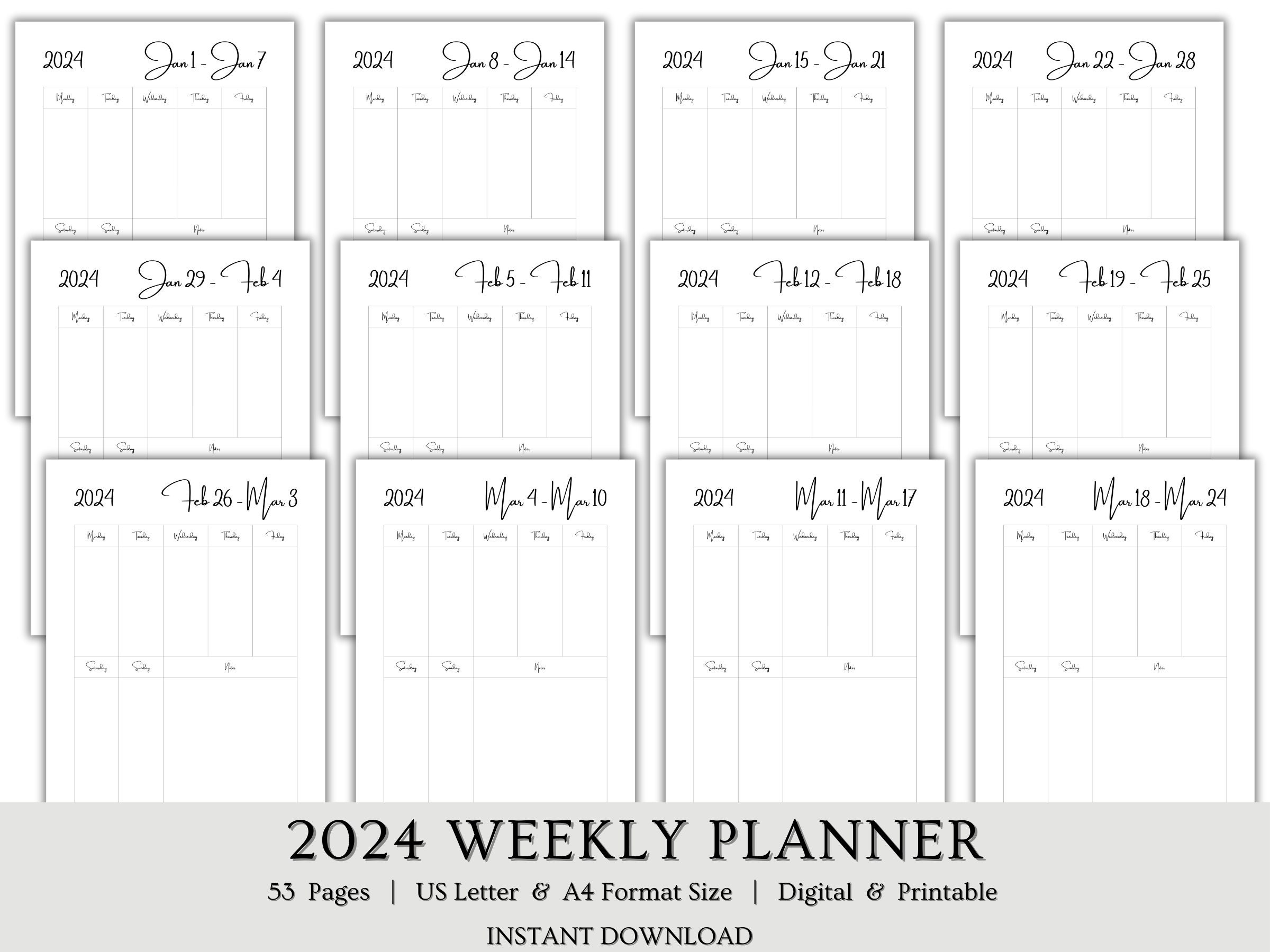 2024 Simple Weekly Planner, Printable and Digital, Pdf Files, A4 and US ...