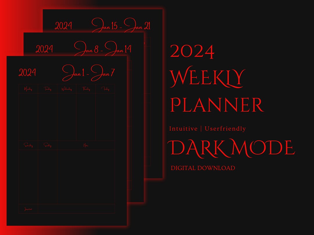 2024 Simple Weekly Planner Dark Mode, Red Edition, Printable and ...