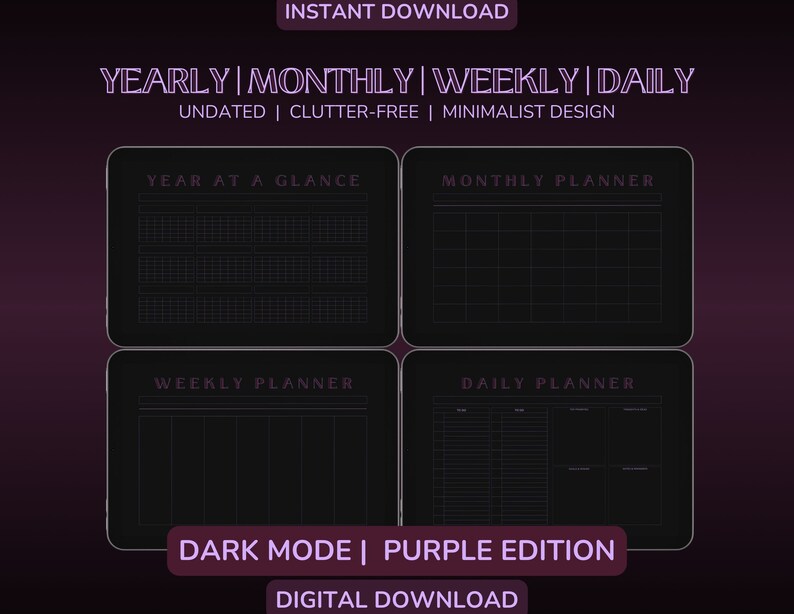 Dark Mode Minimalist Undated Planner Template, Yearly, Monthly, Weekly ...