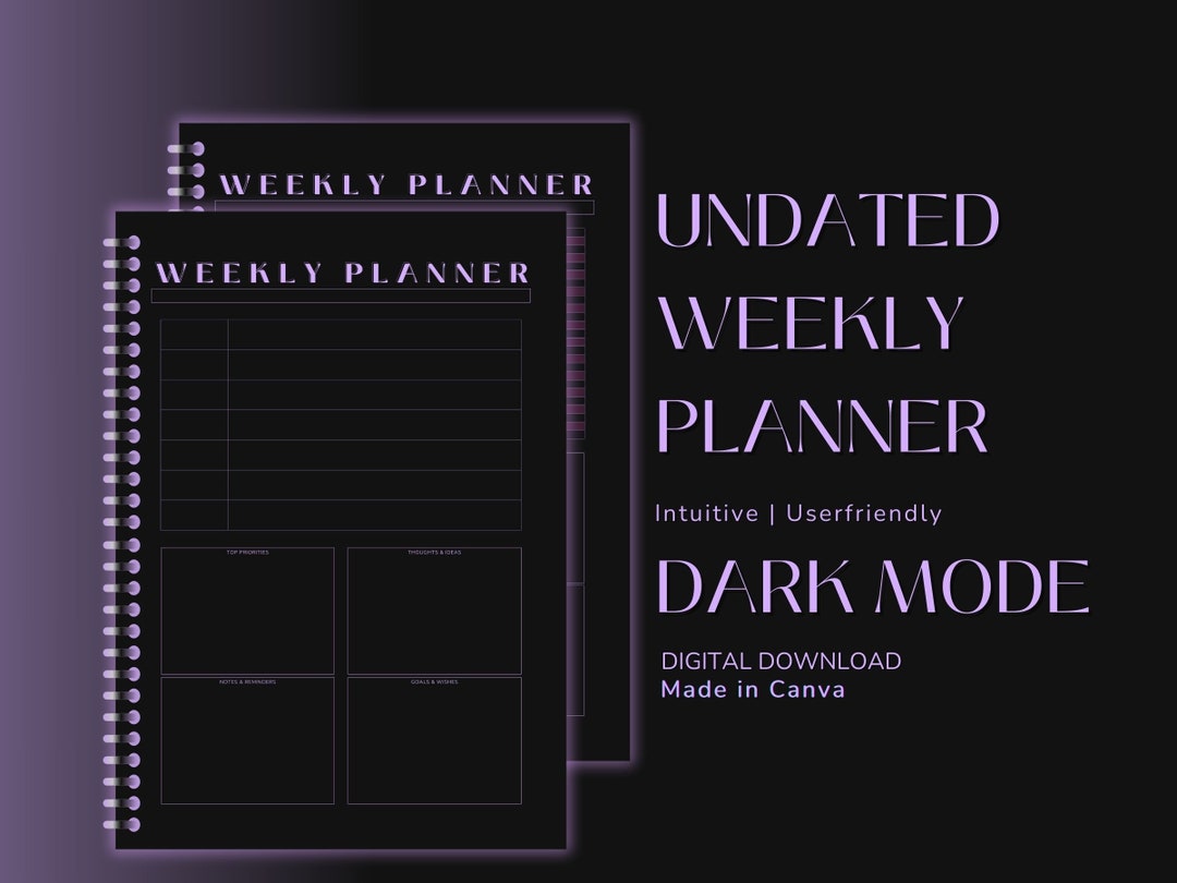 Undated Weekly Planner Dark Mode Edition, Printable and Digital, Pdf ...