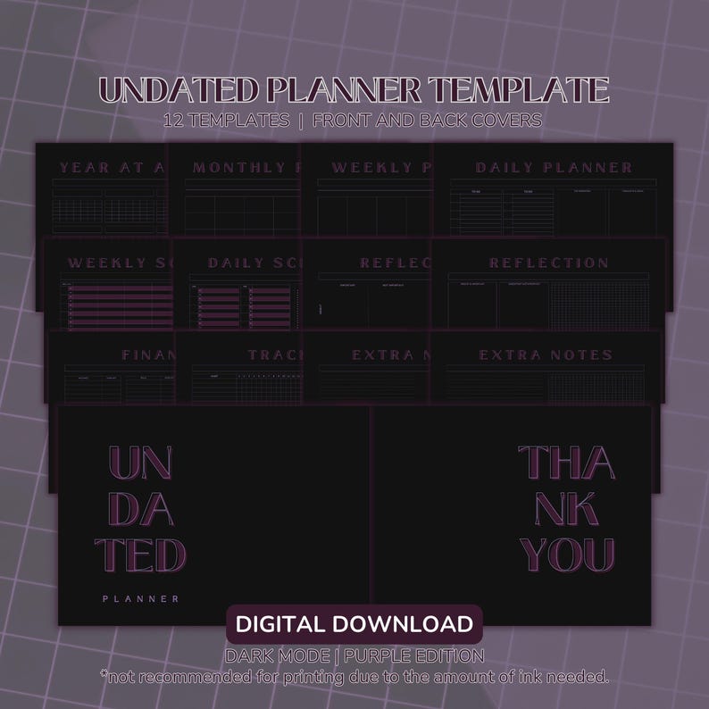 Dark Mode Undated Planner Template, Purple Edition (digital Download ...