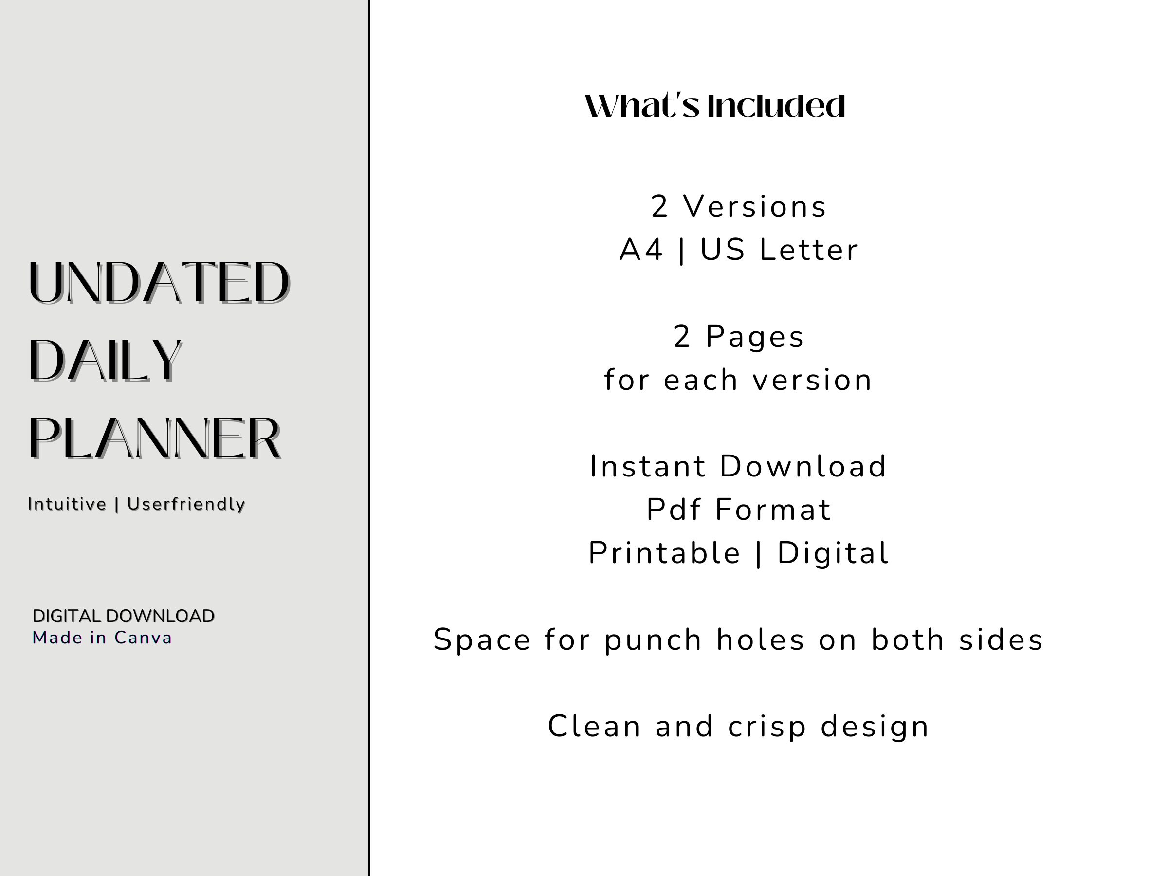 Undated Daily Planner, Printable and Digital, Pdf Files, A4 and US ...