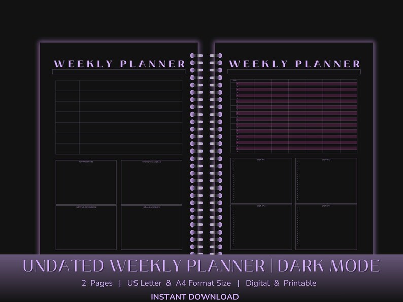 Dark Mode Undated Weekly Planner, Printable PDF (A4/US Letter) - Etsy