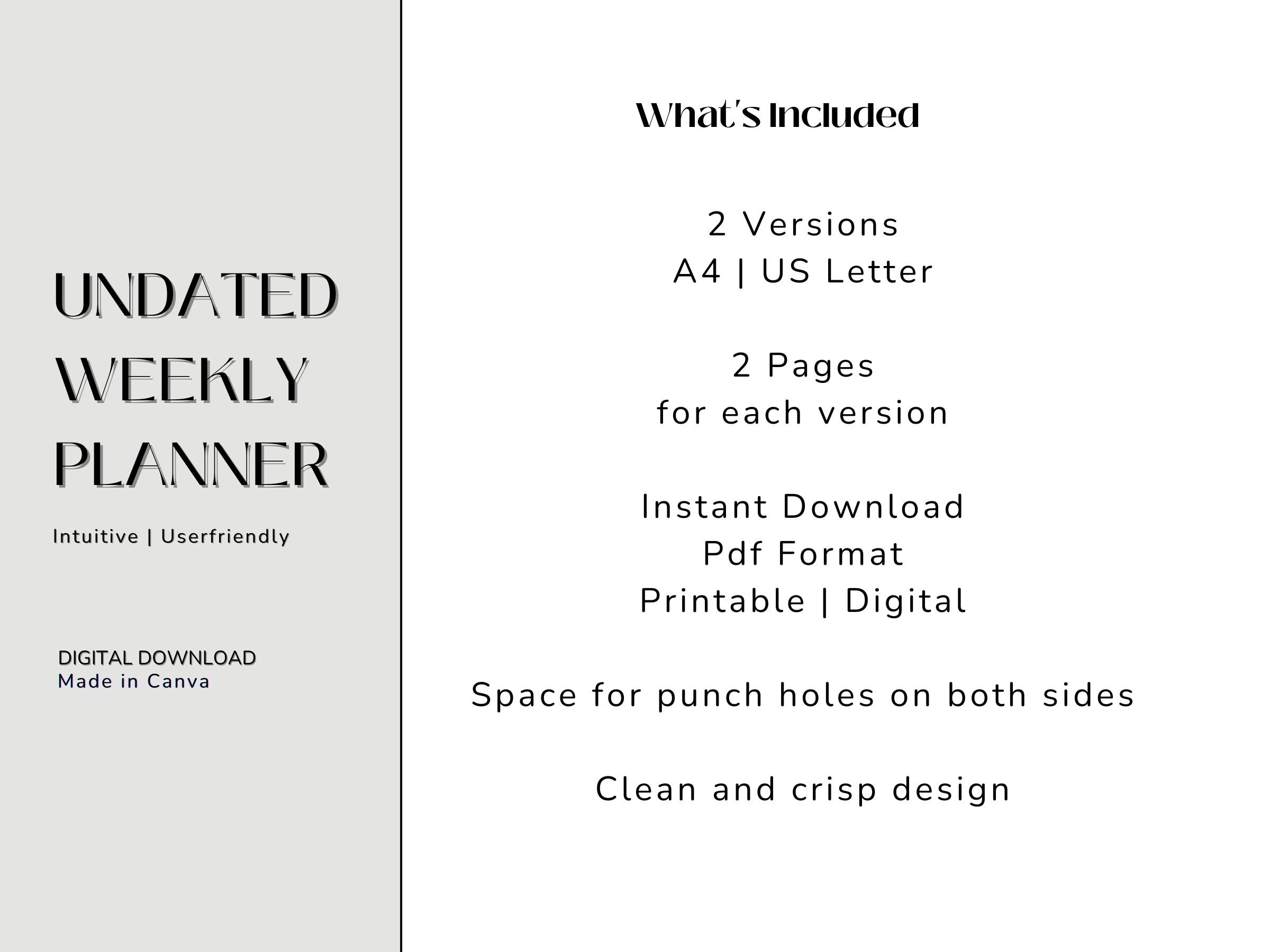 Undated Weekly Planner, Printable and Digital, Pdf Files, A4 and US ...