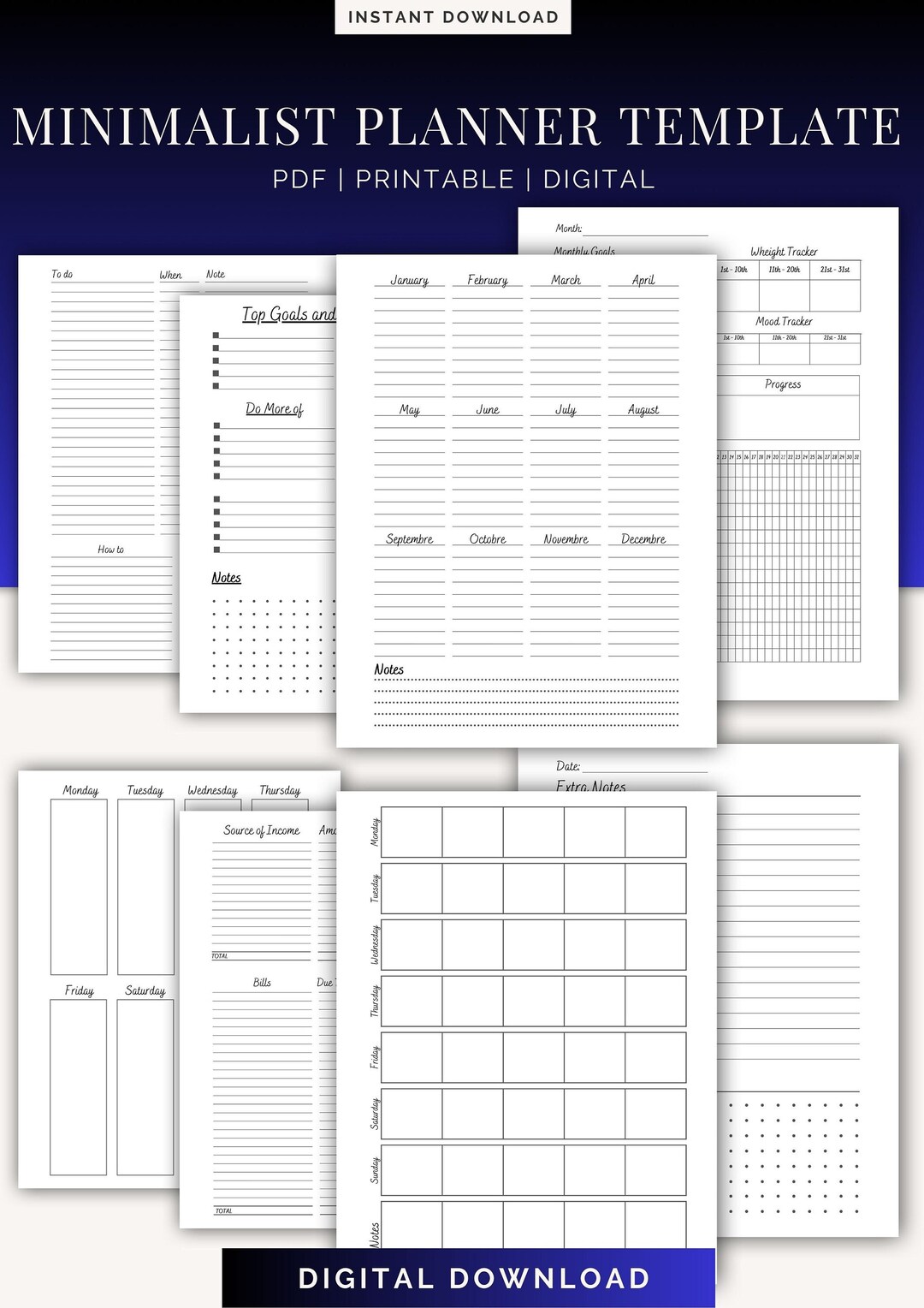 Minimalist Planner Template, Yearly, Monthly, Weekly, Daily To-do's ...