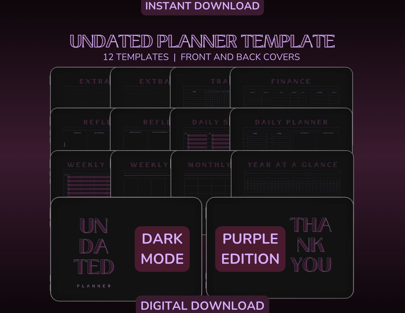 Dark Mode Minimalist Undated Planner Template, Yearly, Monthly, Weekly ...