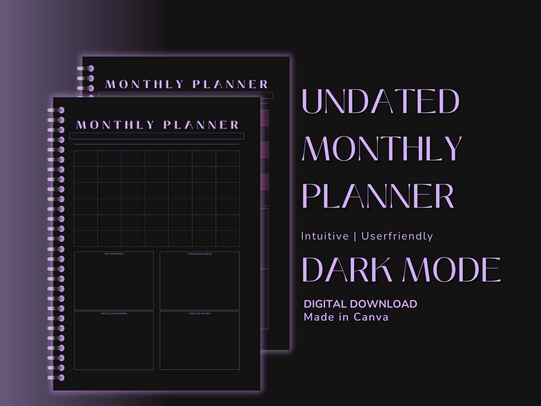 Undated Monthly Planner Dark Mode Edition, Printable and Digital, Pdf ...