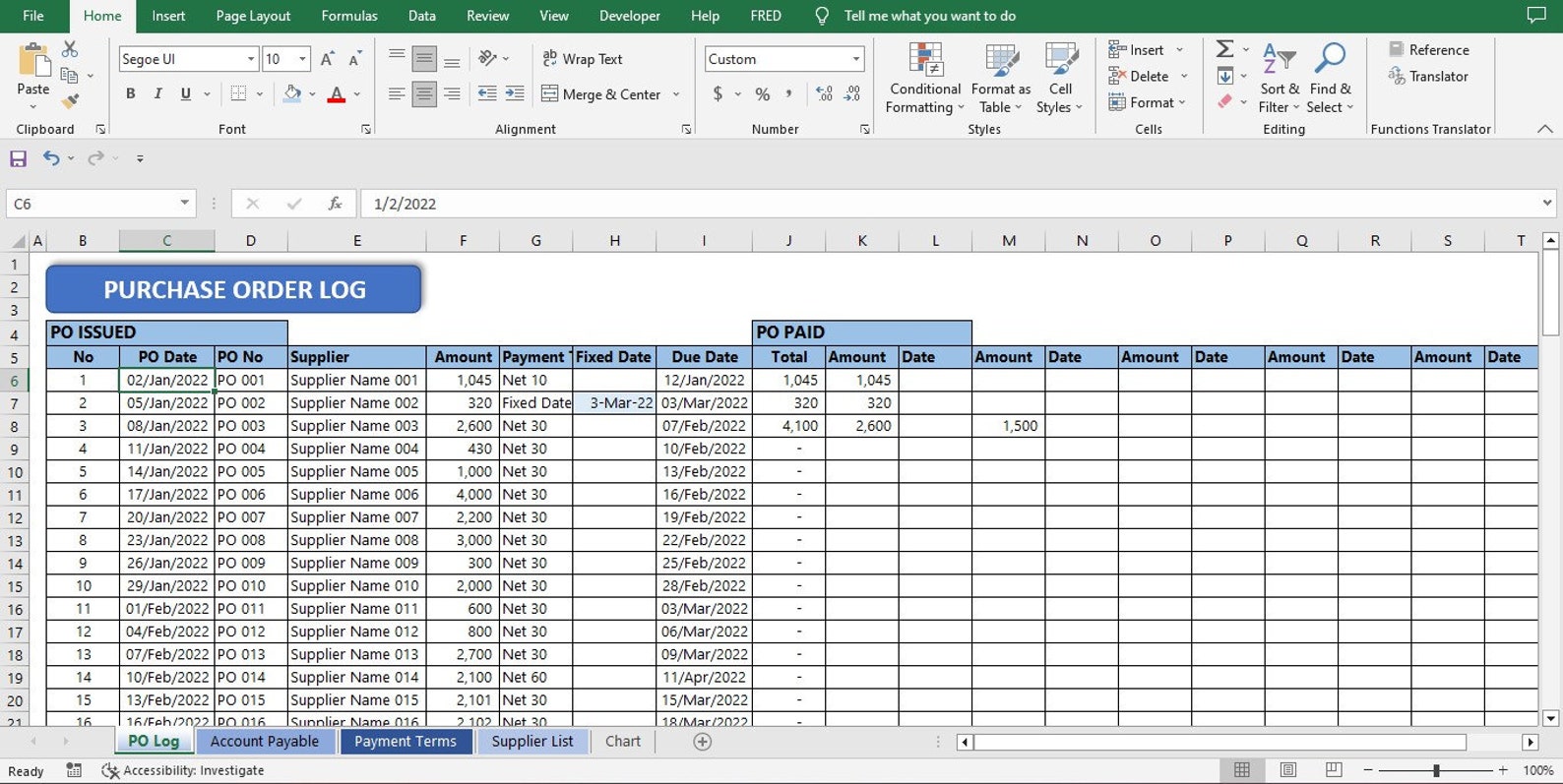 Account Payable | Excel Editable Template Purchase Order Log Payment ...