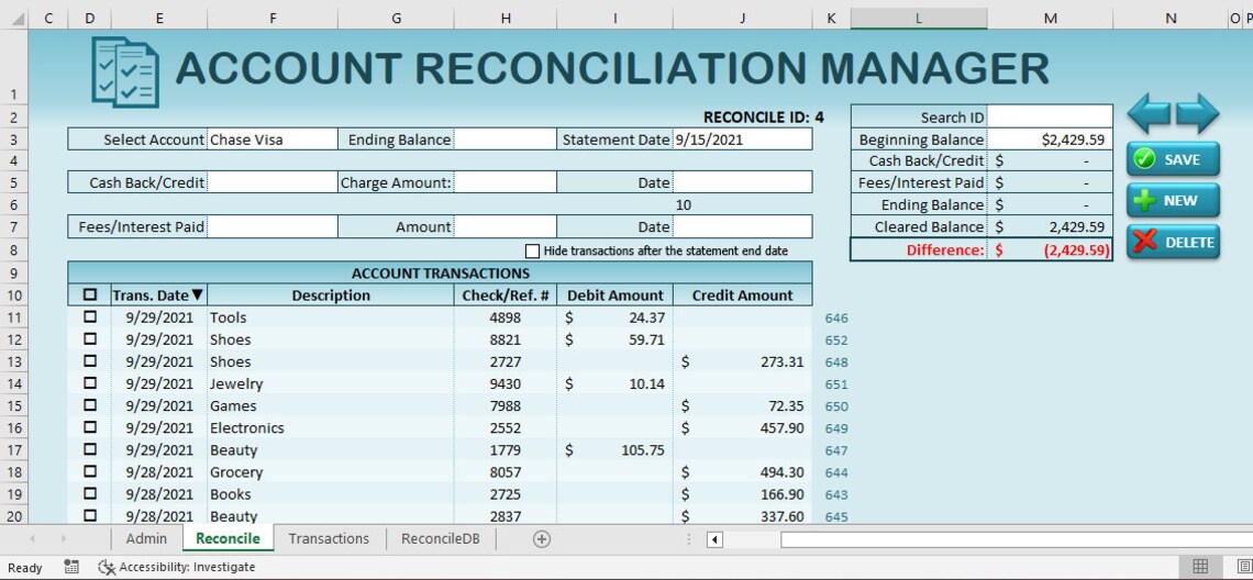 Account Reconciliation Manager: Excel Template & Google Sheets - Etsy