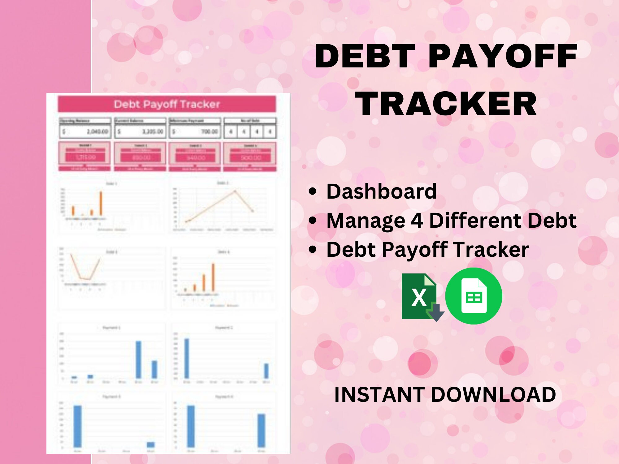 Debt Payoff Tracker Pink Debt Snowball for Excel Google Sheets ...