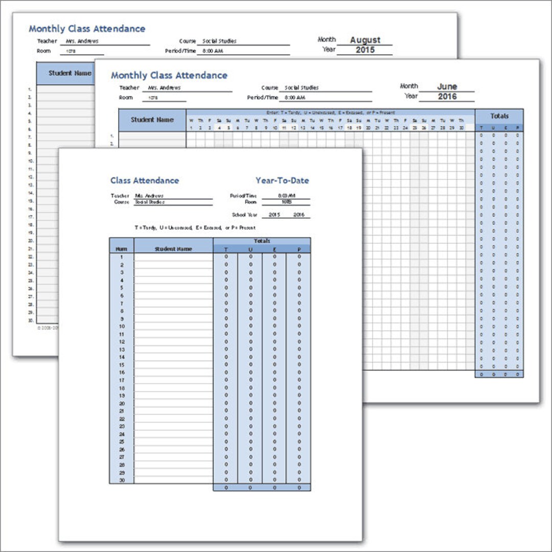Class Attendance Template Editable Monthly Attendance Record Printable ...