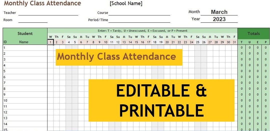 Monthly Class Attendance Tracking | Excel Template| Google Sheets ...