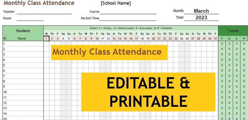 Monthly Class Attendance Tracking | Excel Template| Google Sheets ...