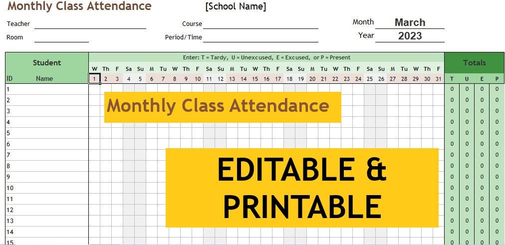 Monthly Class Attendance Tracking | Excel Template| Google Sheets Compatible | Easy to Use ...