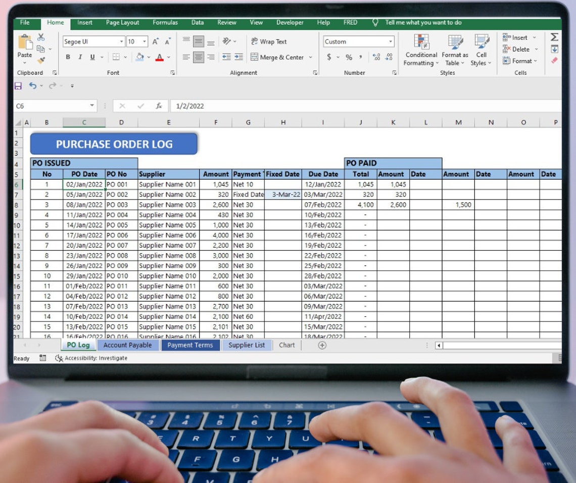 Account Payable | Excel Editable Template Purchase Order Log Payment ...