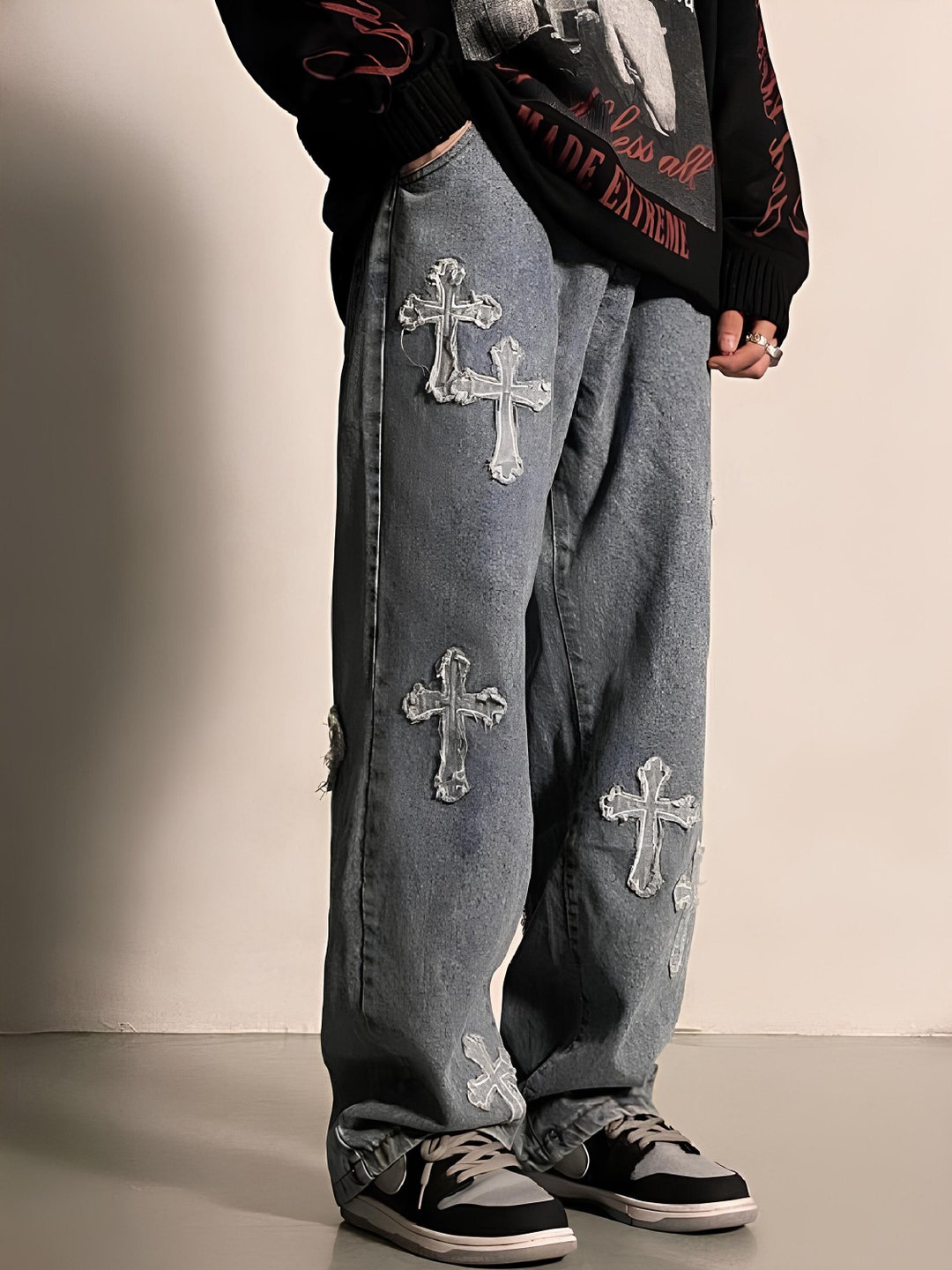 Y2K Cross Streetwear Jeans Baggy Loose Fit Harajuku Retro - Etsy