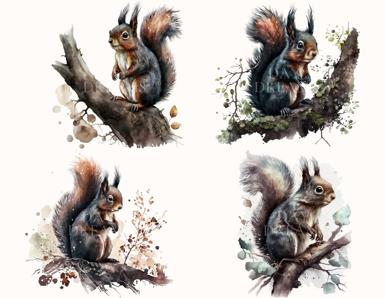 Watercolor Black Squirrel Clipart, Cute Gray Squirrel Clipart Bundle ...