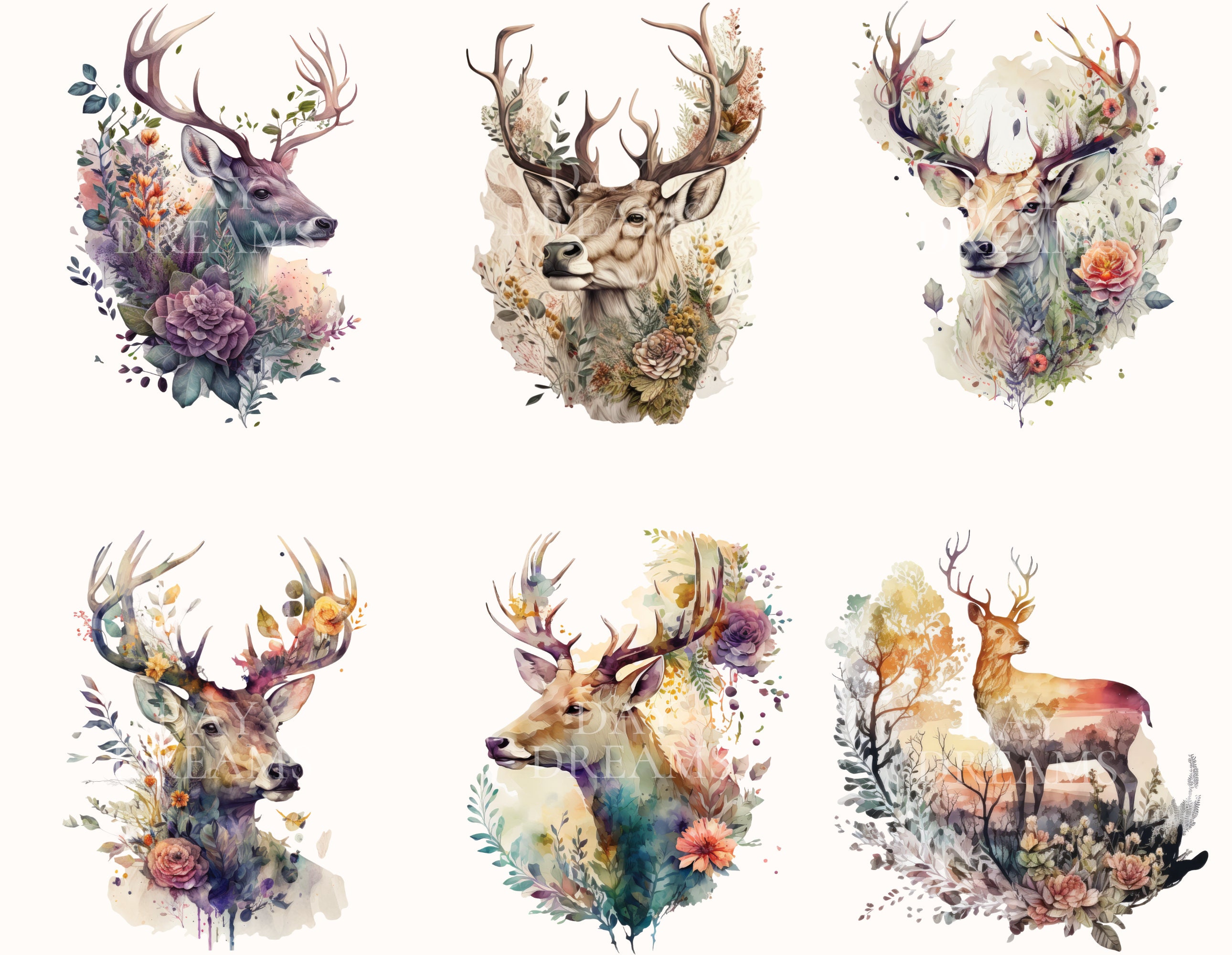Watercolor Deer Clipart Deer Antlers Clipart Wild Animal in - Etsy