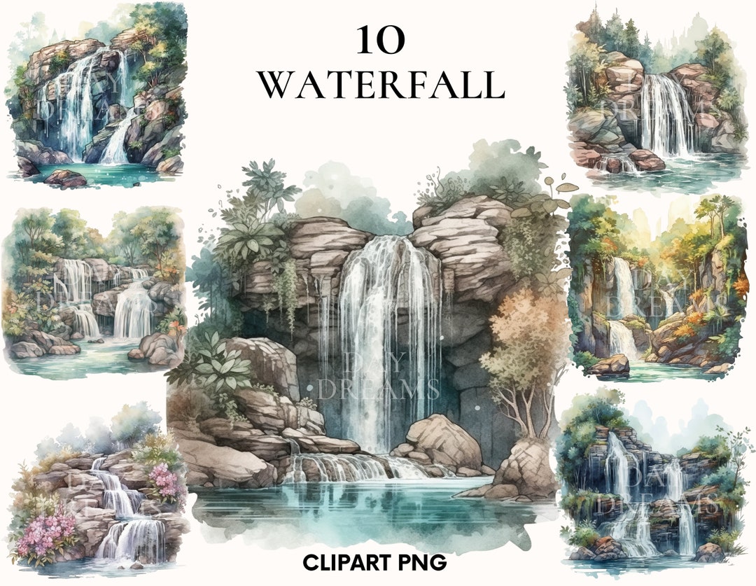 Watercolor Waterfall Clipart, Beautiful Landscape Forest Clipart Bundle ...