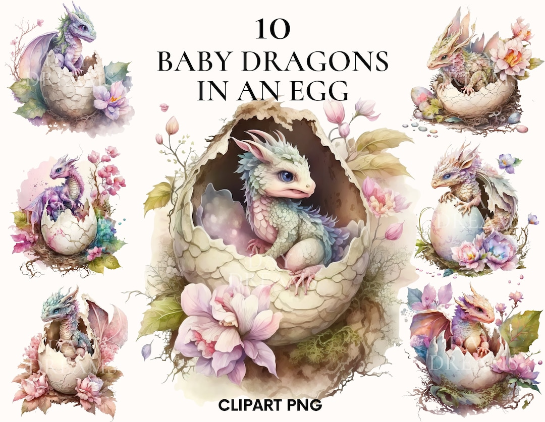 Watercolor Baby Dragon in an Egg Clipart, Fairy Tale Clipart Bundle ...