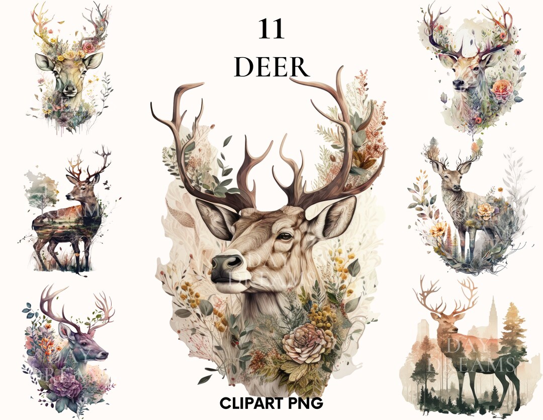Watercolor Deer Clipart, Deer Antlers Clipart, Wild Animal in Flowers ...