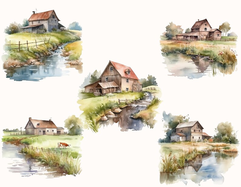 Watercolor Cozy Farmhouse Clipart, Beautiful Spring Landscape Clipart ...