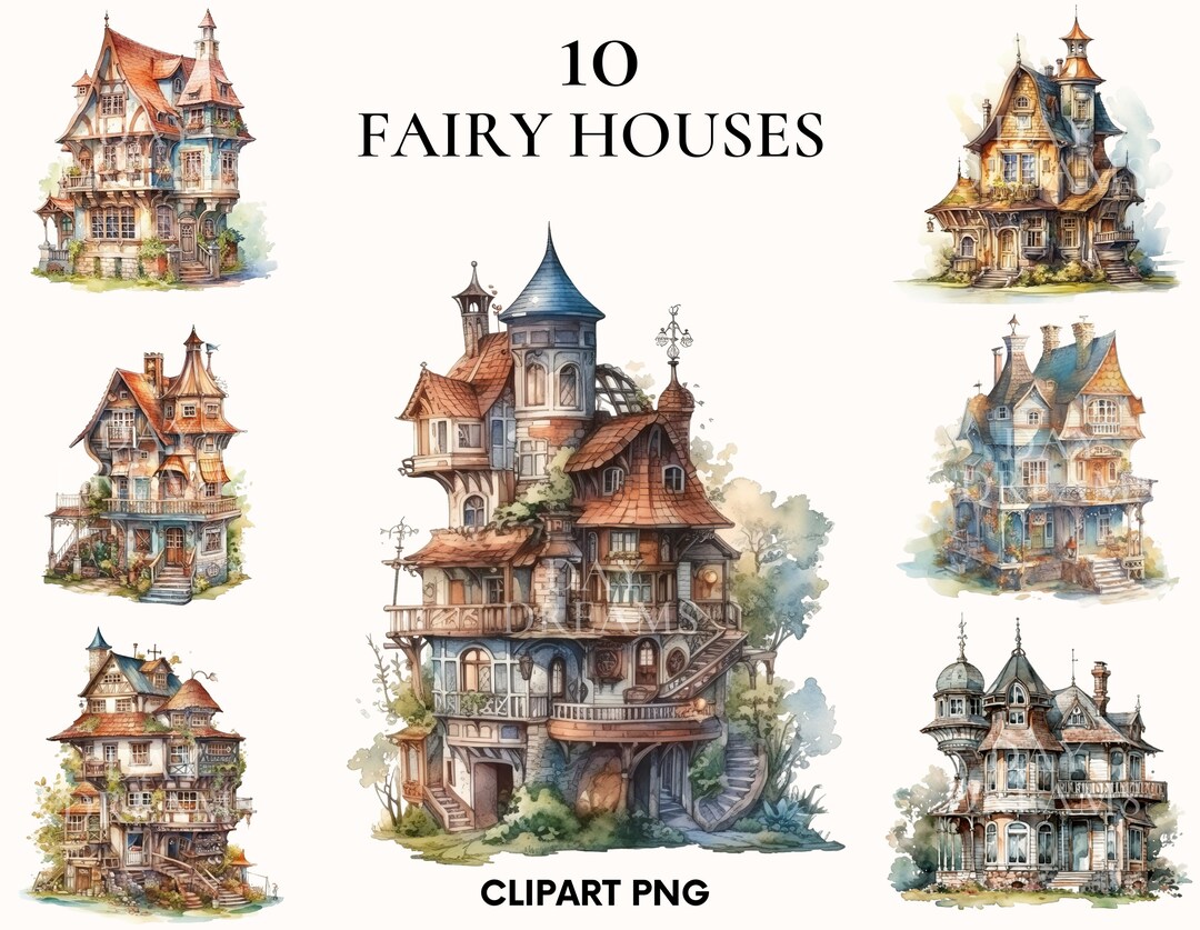 Watercolor Fairy House Clipart, Cute Cottage Clipart Bundle, Fairy ...