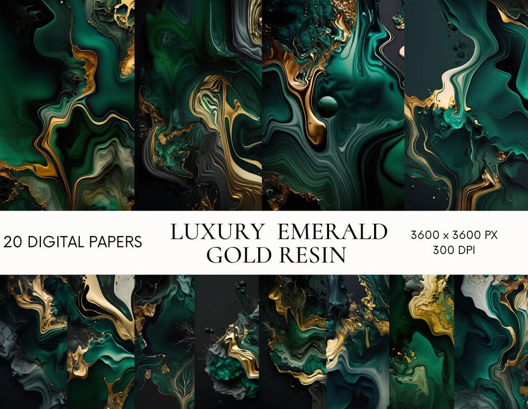 Gold and Dark Green Marble Digital Paper, Resin Texture Instant ...