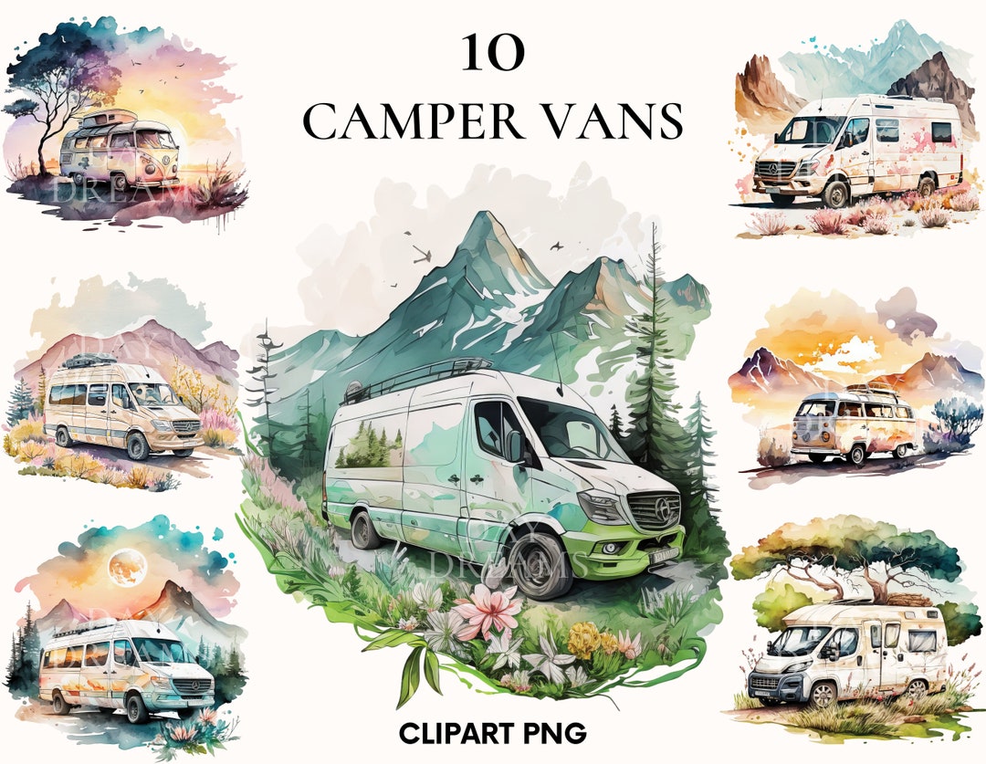 Watercolor Camper Vans Clipart, Camping Clipart, Camper Adventure Van ...