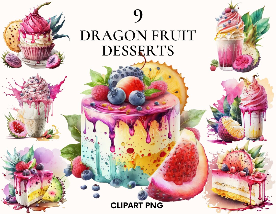 Watercolor Dragon Fruit Dessert Clipart, Dragon Fruit Clipart Bundle ...