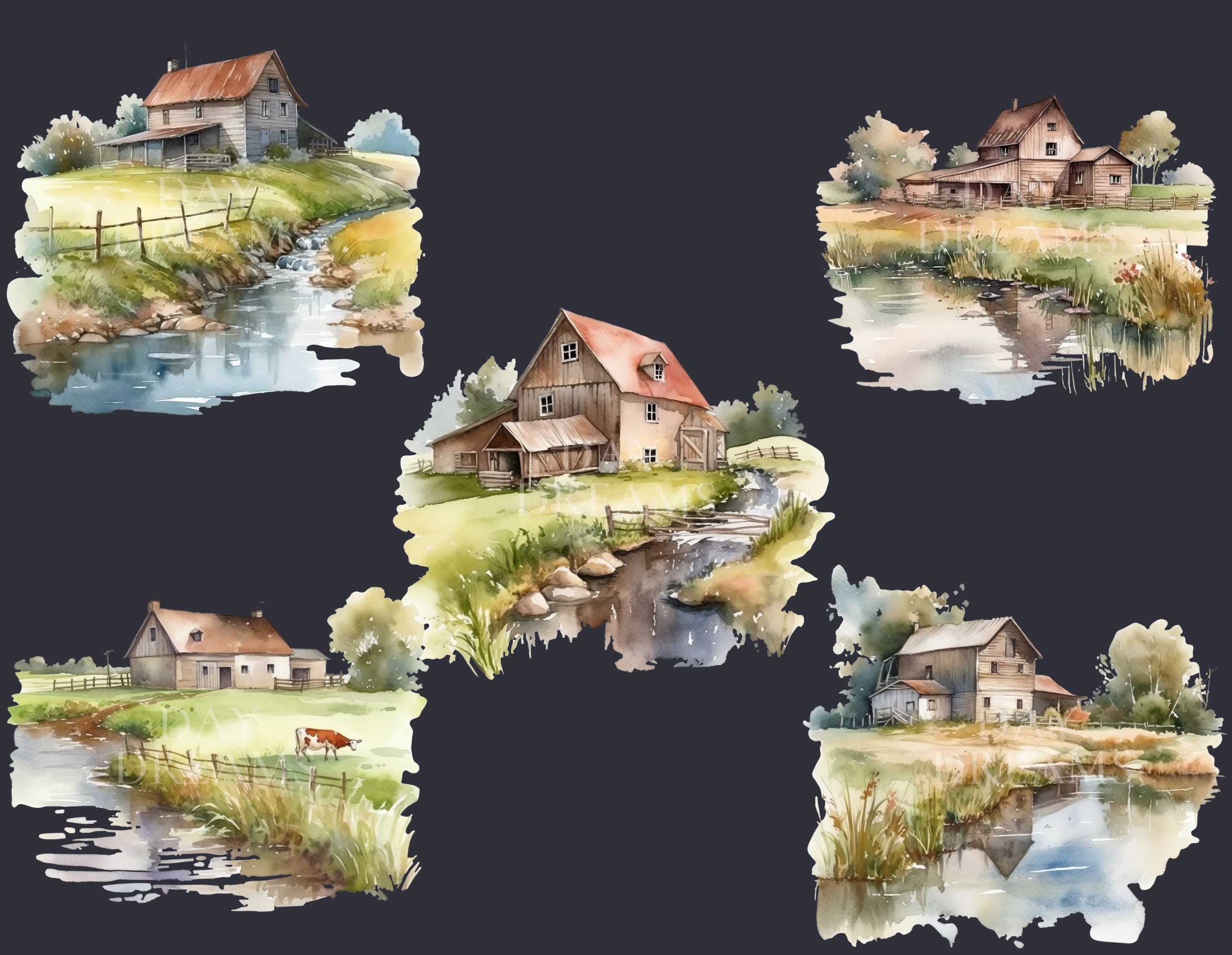 Watercolor Cozy Farmhouse Clipart, Beautiful Spring Landscape Clipart ...