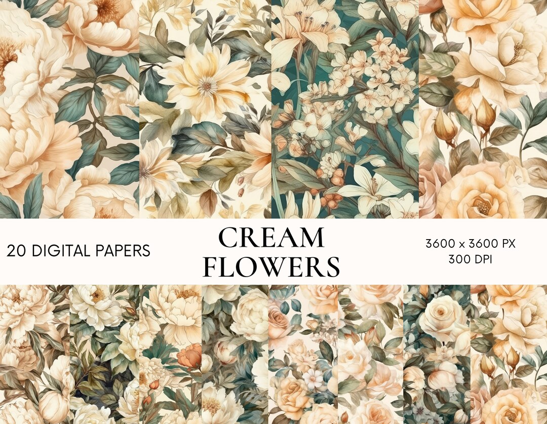 Watercolor Flower Digital Paper, Pastel Cream Flowers Texture Instant ...