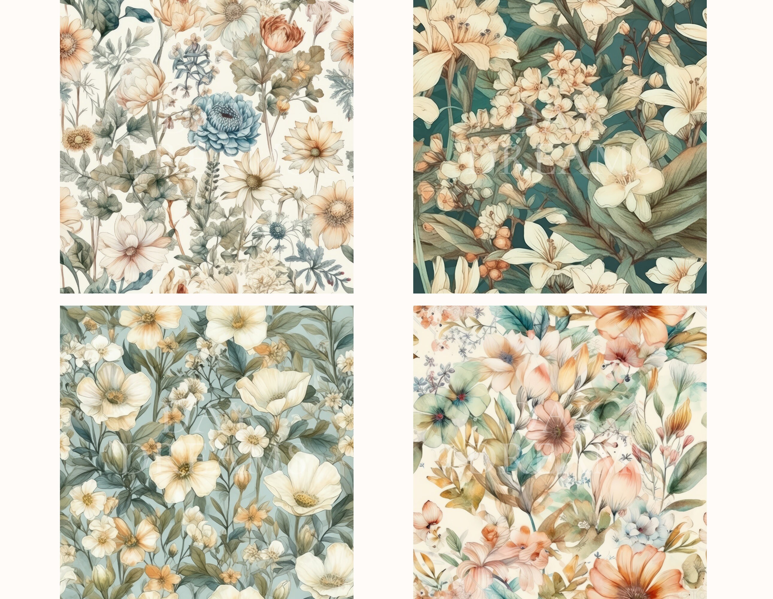 Watercolor Flower Digital Paper, Pastel Cream Flowers Texture Instant ...