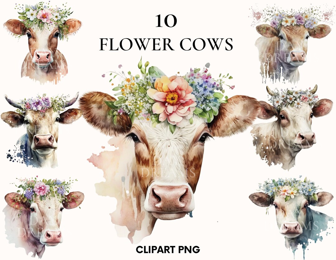 Watercolor Flower Cows Clipart, Happy Cow in Flowers Clipart Bundle ...