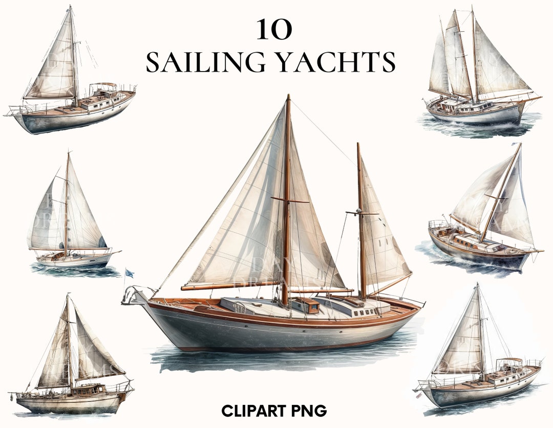 Watercolor Sailing Yacht Clipart, Ocean Site Clipart Bundle, Sail Boat ...