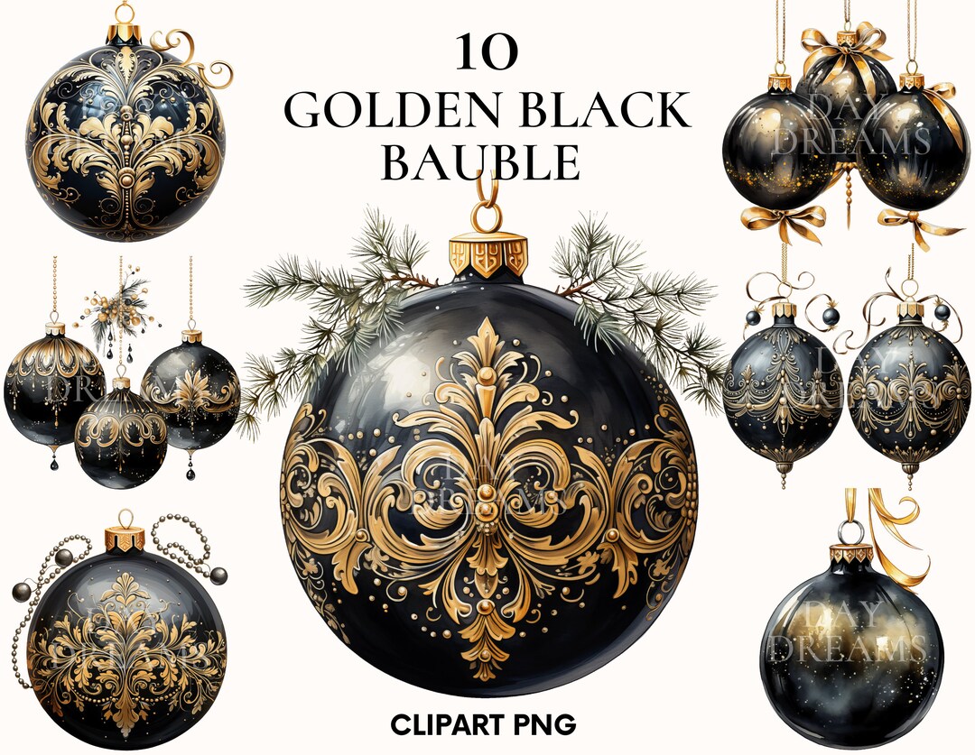 Christmas Bauble Clipart, Black Bauble Clipart Bundle, Gold Clipart ...