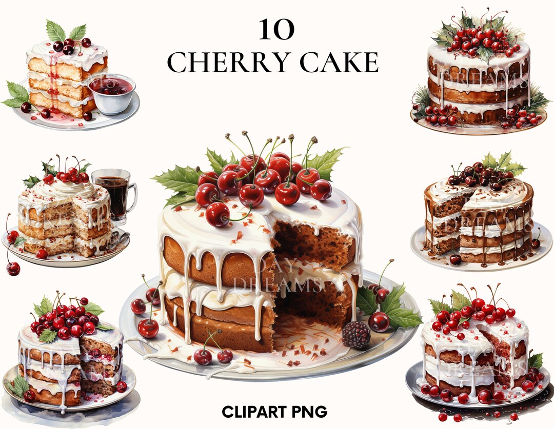 Watercolor Cherry Cake Clipart, Food Illustration Clipart Bundle, Sweet ...