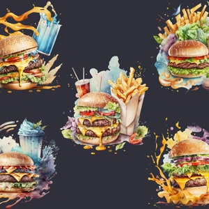 Watercolor Burger Clipart, Fast Food Clipart Bundle, Burger With Fries ...