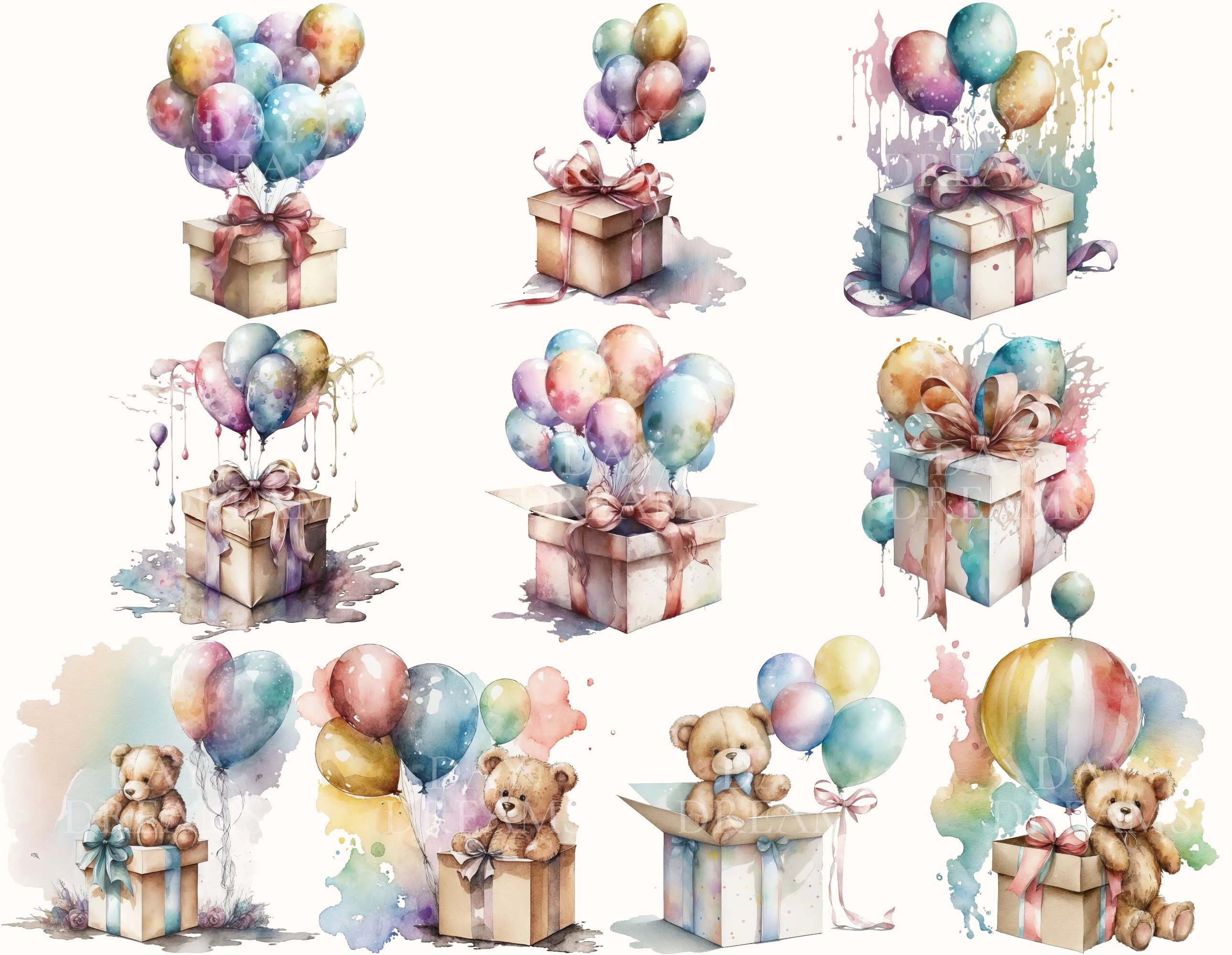 Watercolor Birthday Gift Clipart Balloons Clipart Gift Box - Etsy