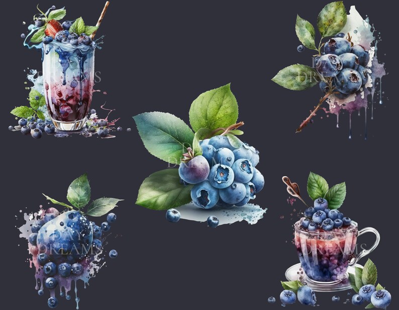 Watercolor Blueberry Clipart, Blueberry Dessert Clipart Bundle, Berries ...