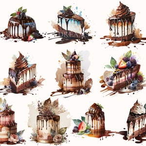 Watercolor Chocolate Cake Clipart, Food Illustration Clipart Bundle ...