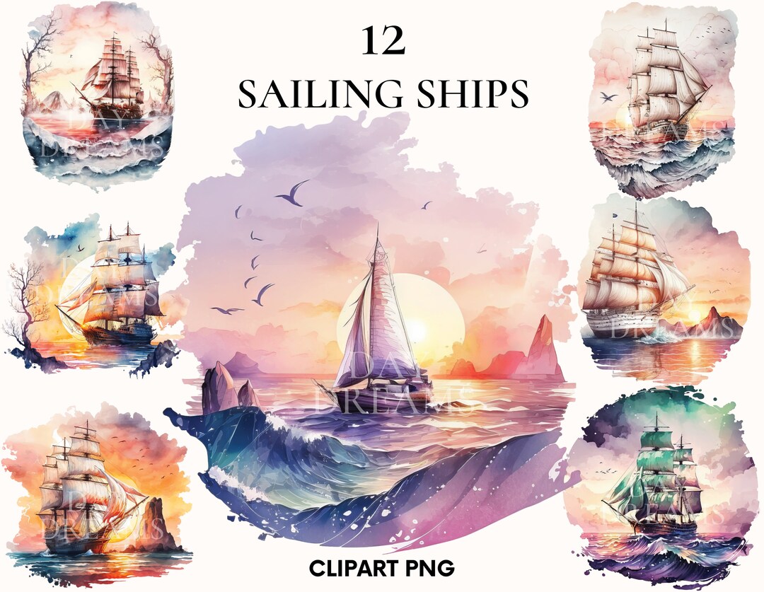 Watercolor Sailing Ships Clipart, Ocean Site Clipart Bundle, Sail Boat ...