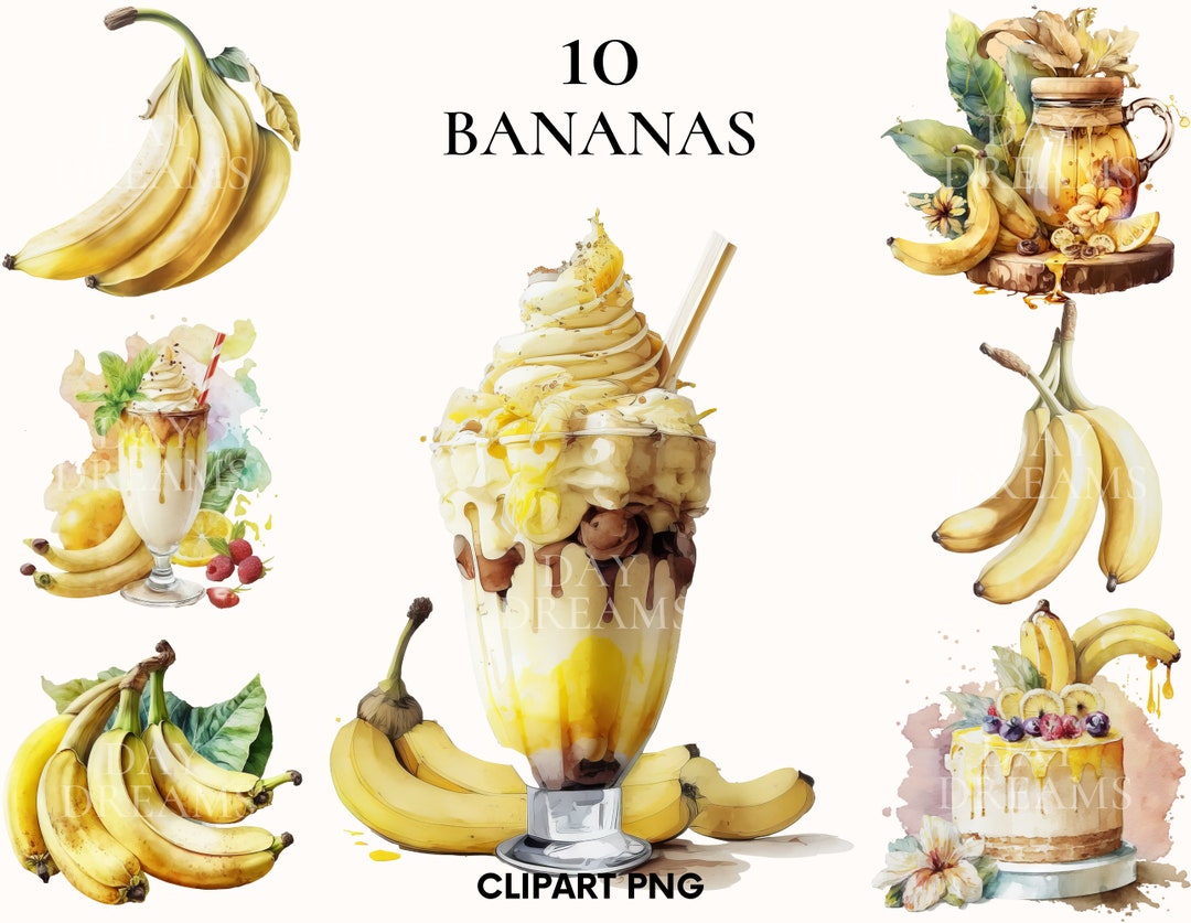 Watercolor Bananas Clipart, Banana Dessert Clipart Bundle, Ice Cream ...