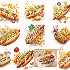 Watercolor Hot Dog Clipart, Fast Food Clipart Bundle, Delicious Hotdog ...