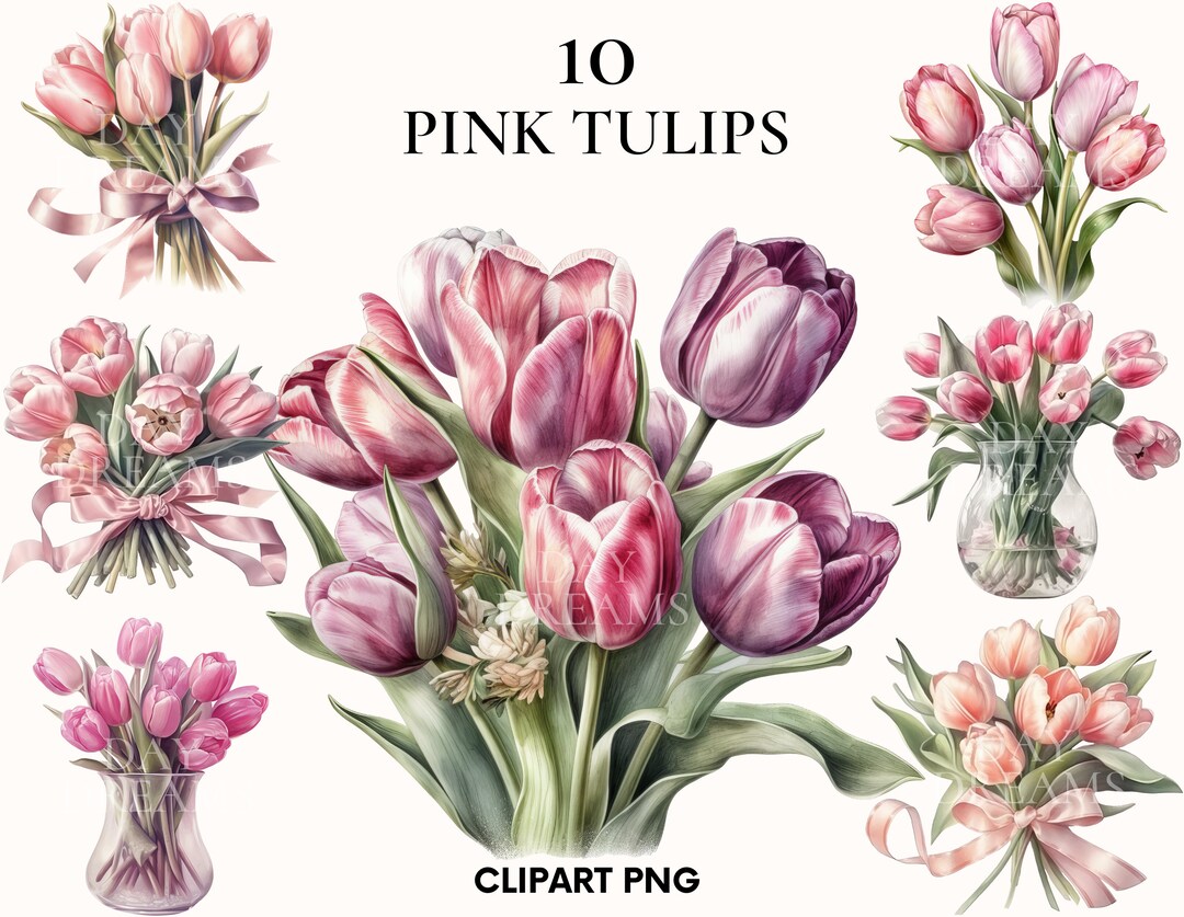 Watercolor Pink Tulips Clipart, Wedding Flowers Clipart Bundle, Flower ...